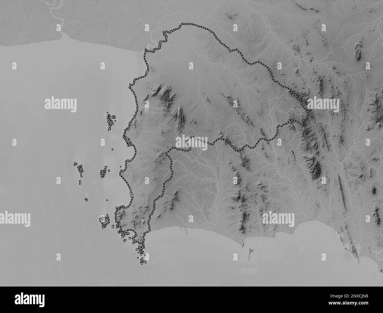 Chon Buri, province of Thailand. Grayscale elevation map with lakes and ...