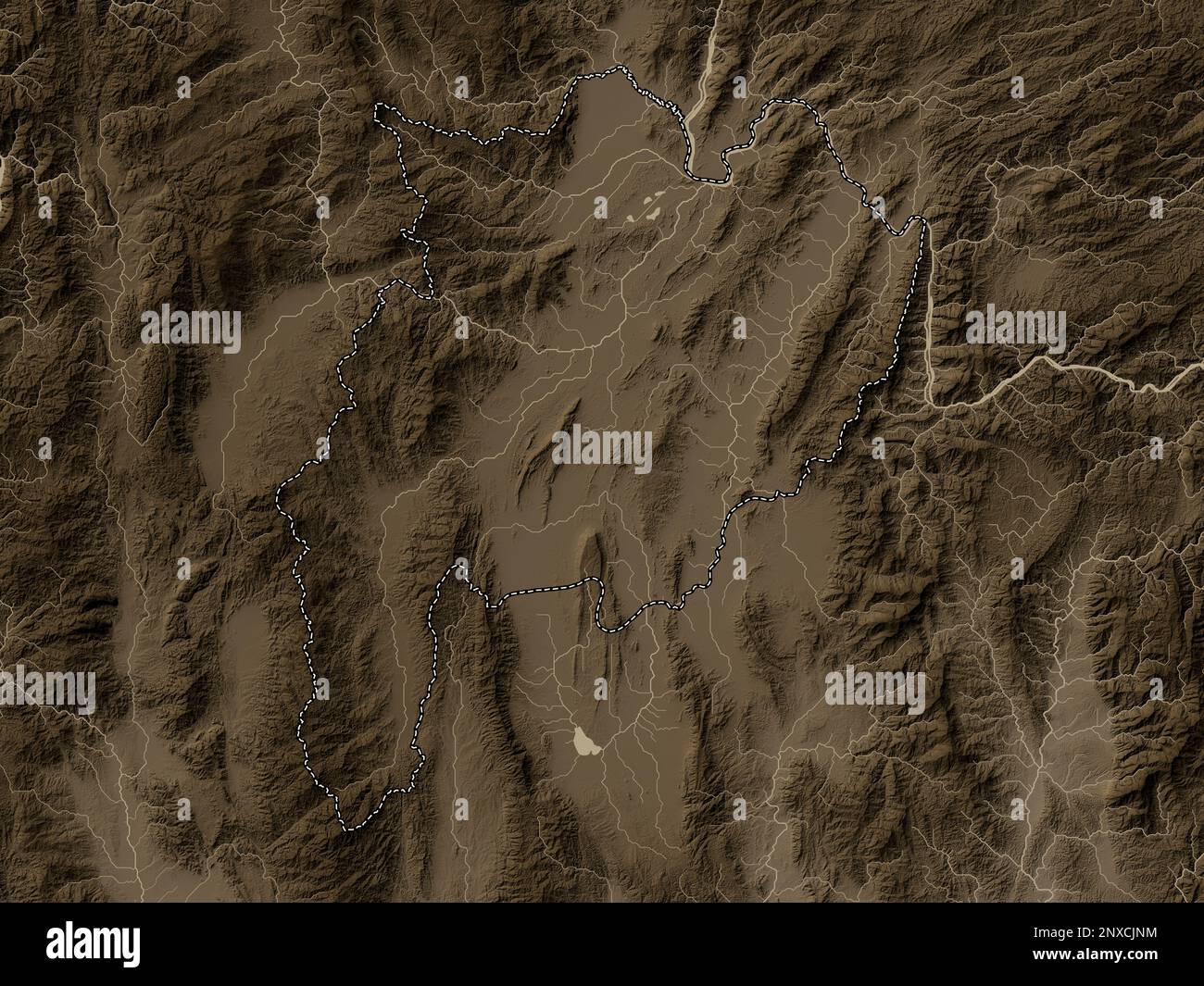 Chiang Rai, province of Thailand. Elevation map colored in sepia tones ...