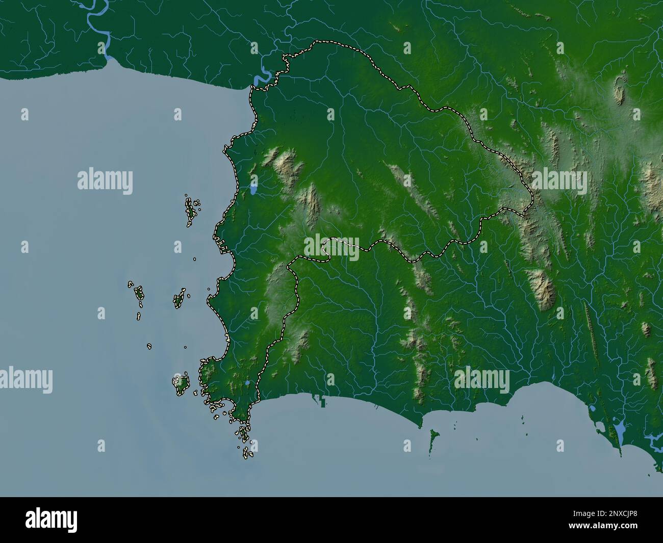 Chon Buri, province of Thailand. Colored elevation map with lakes and ...