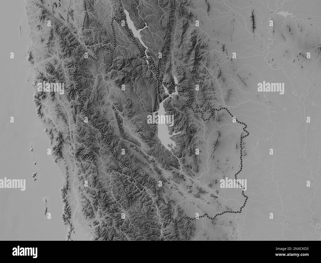 Kanchanaburi, province of Thailand. Grayscale elevation map with lakes ...