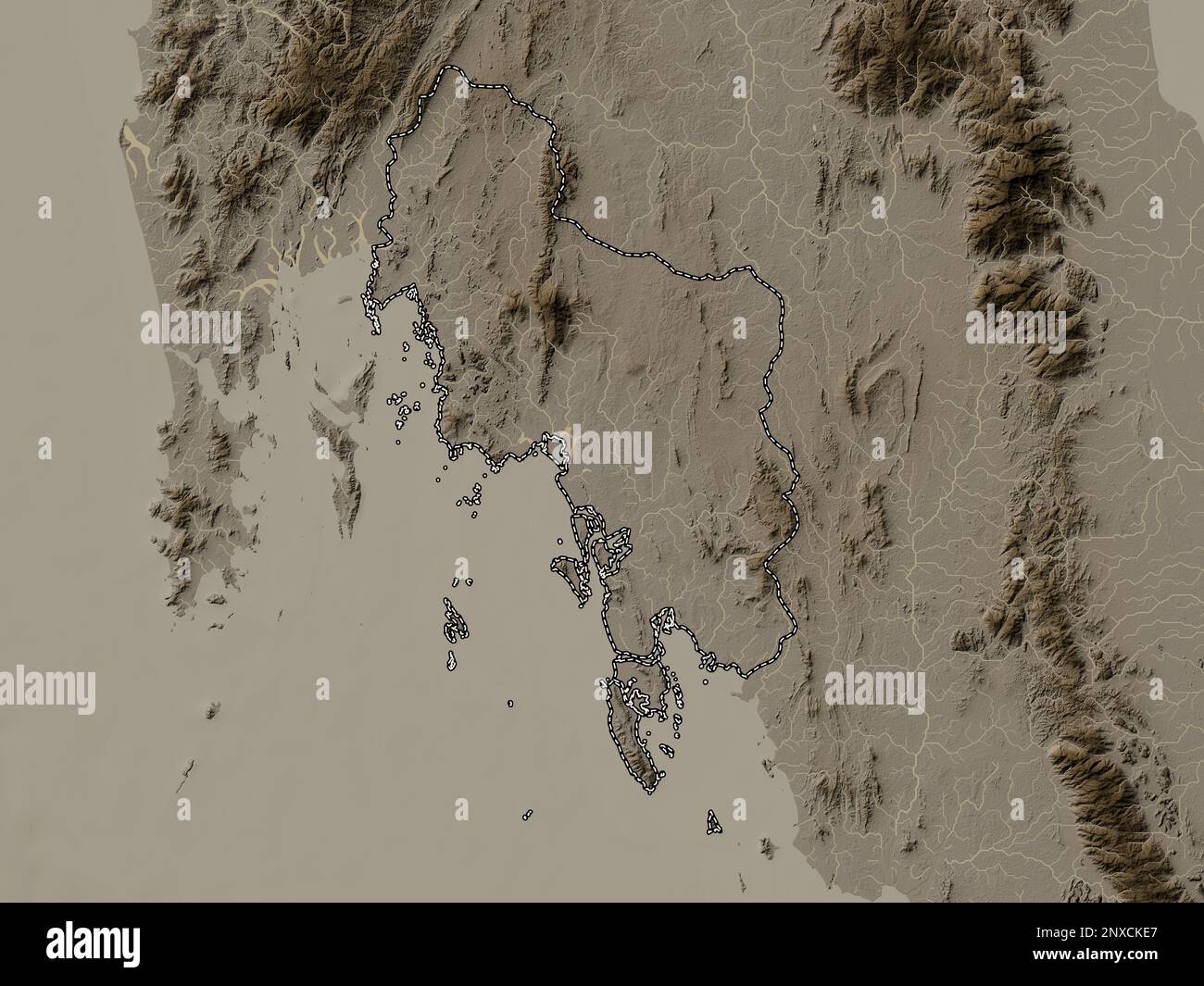 Krabi, province of Thailand. Elevation map colored in sepia tones with ...