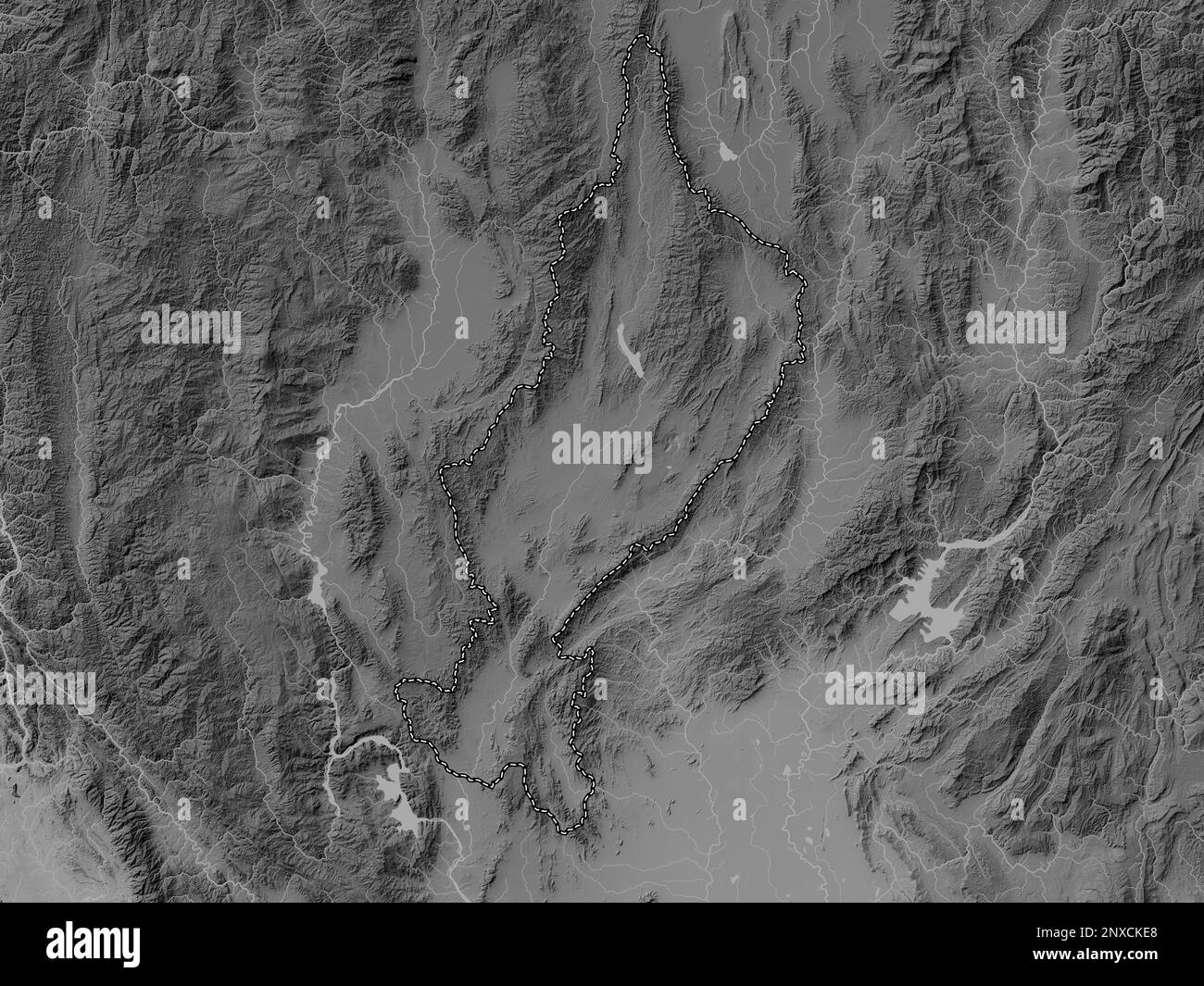 Lampang, province of Thailand. Grayscale elevation map with lakes and ...