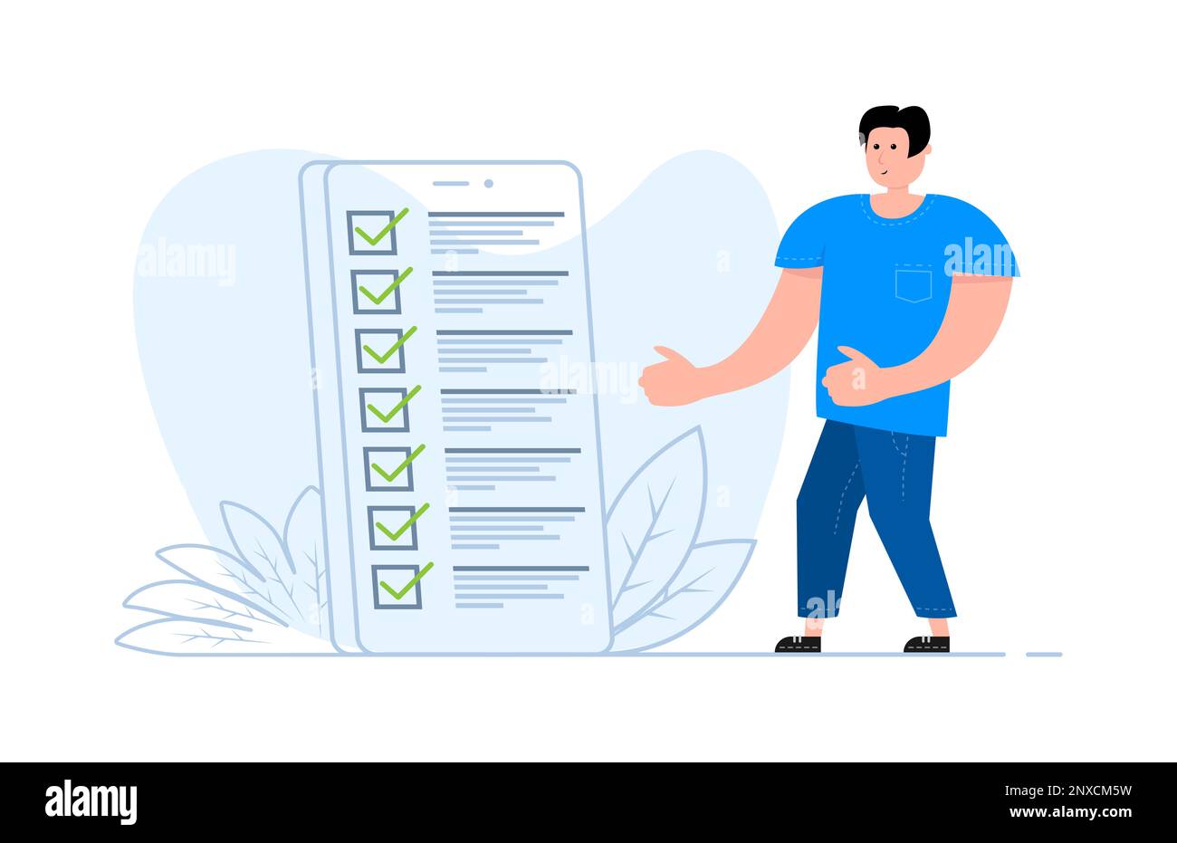 A man stands near the smartphone, on the screen checklist app. Survey ...