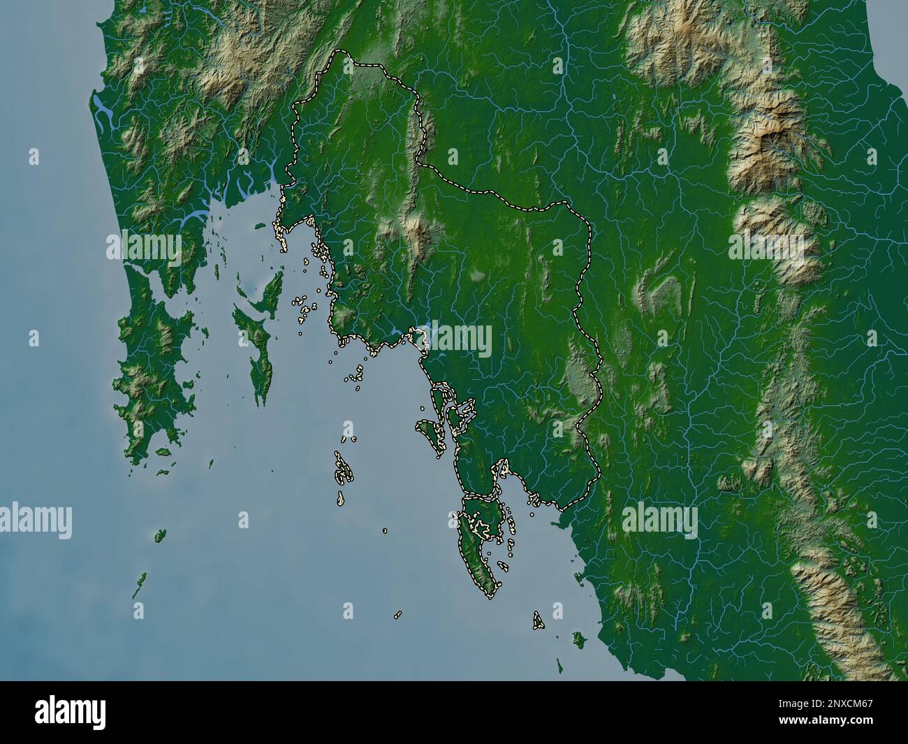 Krabi, province of Thailand. Colored elevation map with lakes and ...