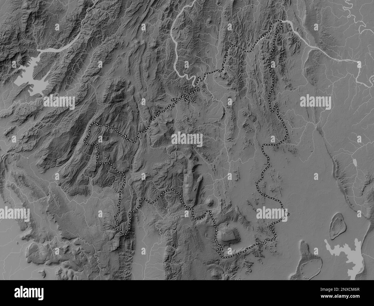 Loei, province of Thailand. Grayscale elevation map with lakes and ...
