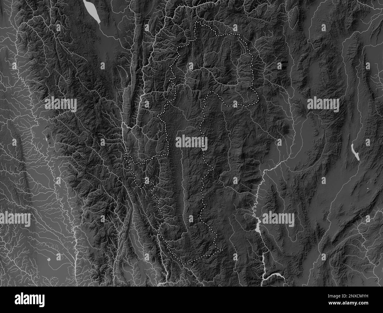 Mae Hong Son, province of Thailand. Grayscale elevation map with lakes ...