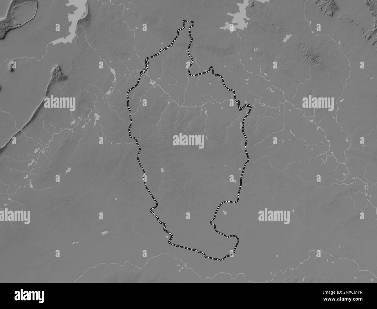Maha Sarakham, province of Thailand. Grayscale elevation map with lakes ...