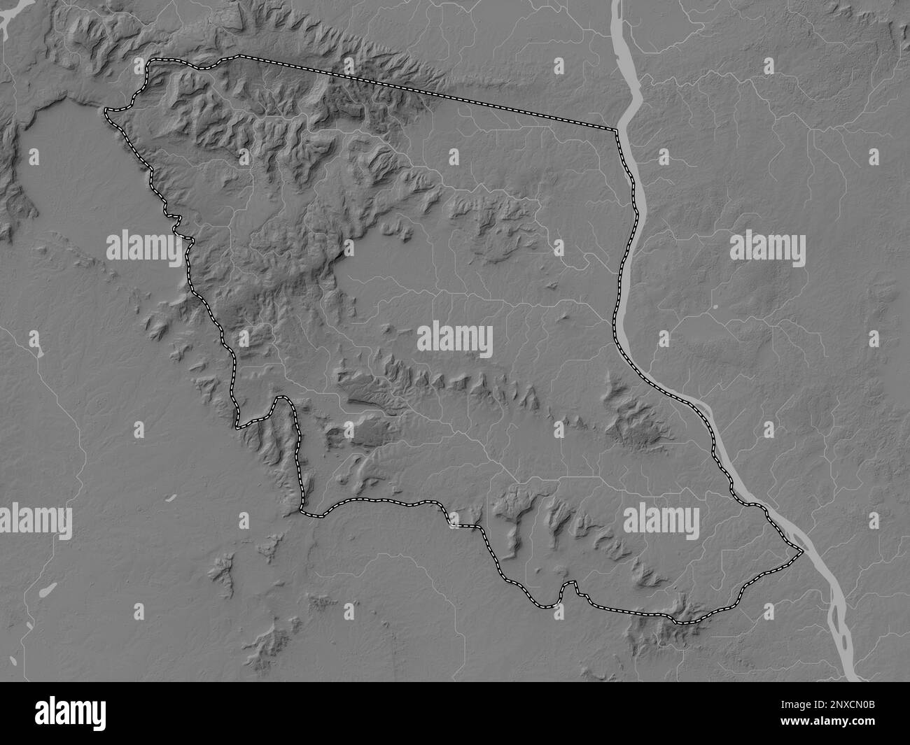 Mukdahan, province of Thailand. Grayscale elevation map with lakes and ...