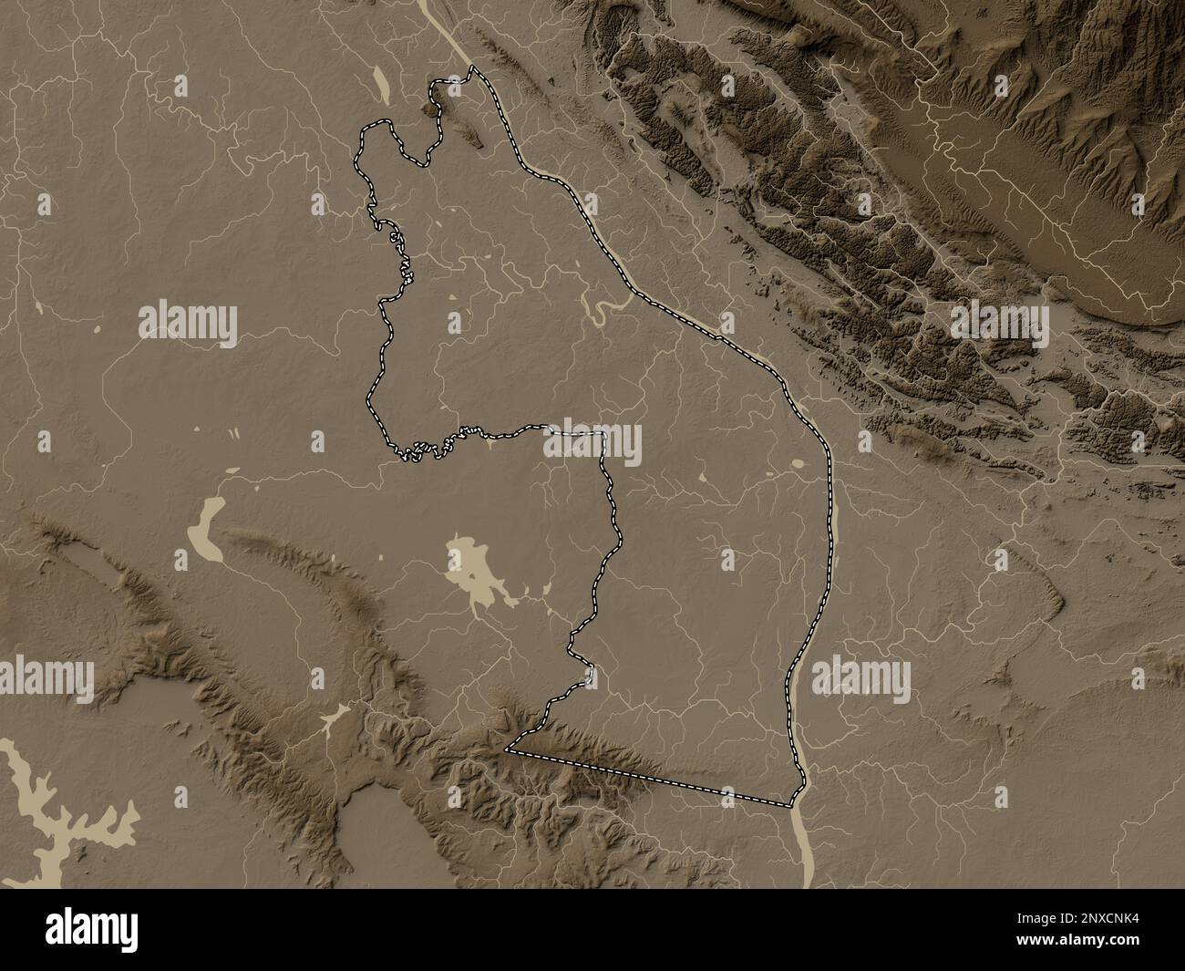 Nakhon Phanom, province of Thailand. Elevation map colored in sepia ...