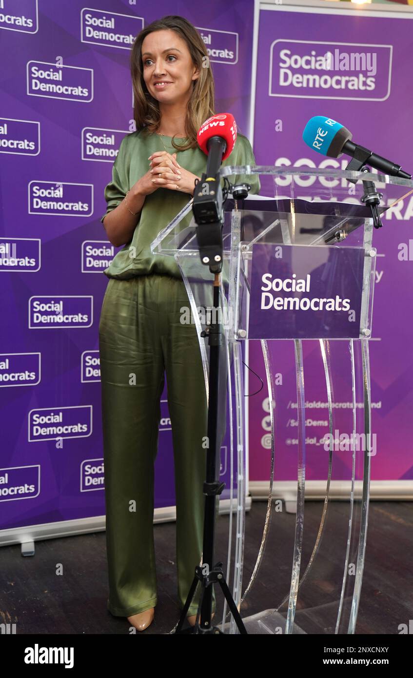 TD Holly Cairns gives a speech at the Tara Building in Dublin, as she ...