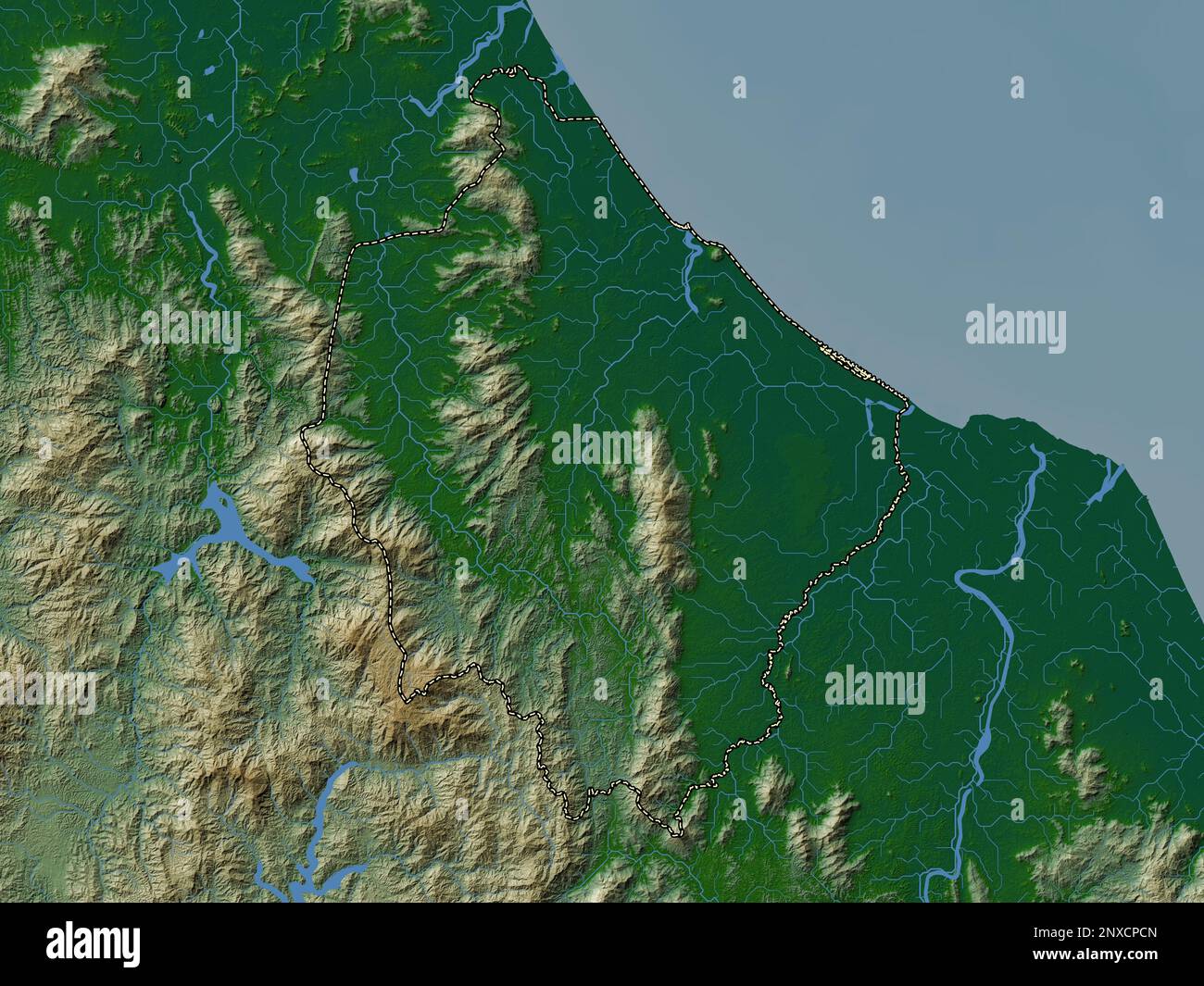 Narathiwat, province of Thailand. Colored elevation map with lakes and ...