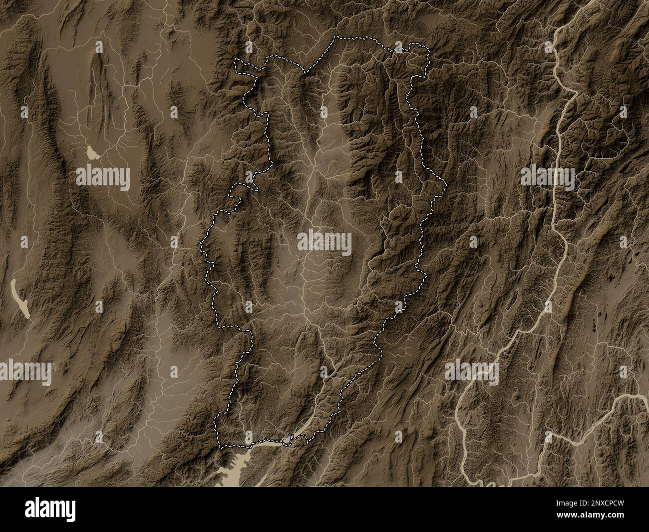 Nan, province of Thailand. Elevation map colored in sepia tones with ...