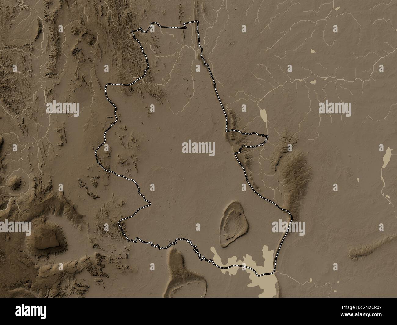 Nong Bua Lam Phu, province of Thailand. Elevation map colored in sepia ...