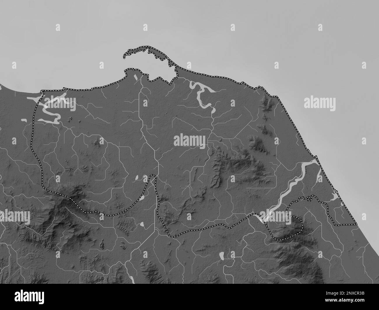 Pattani, province of Thailand. Grayscale elevation map with lakes and ...