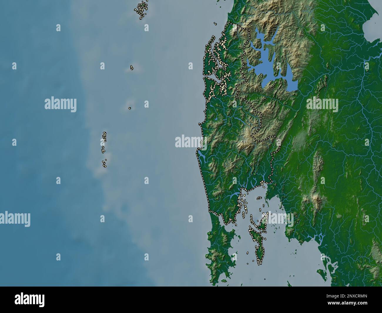 Phang Nga, province of Thailand. Colored elevation map with lakes and ...