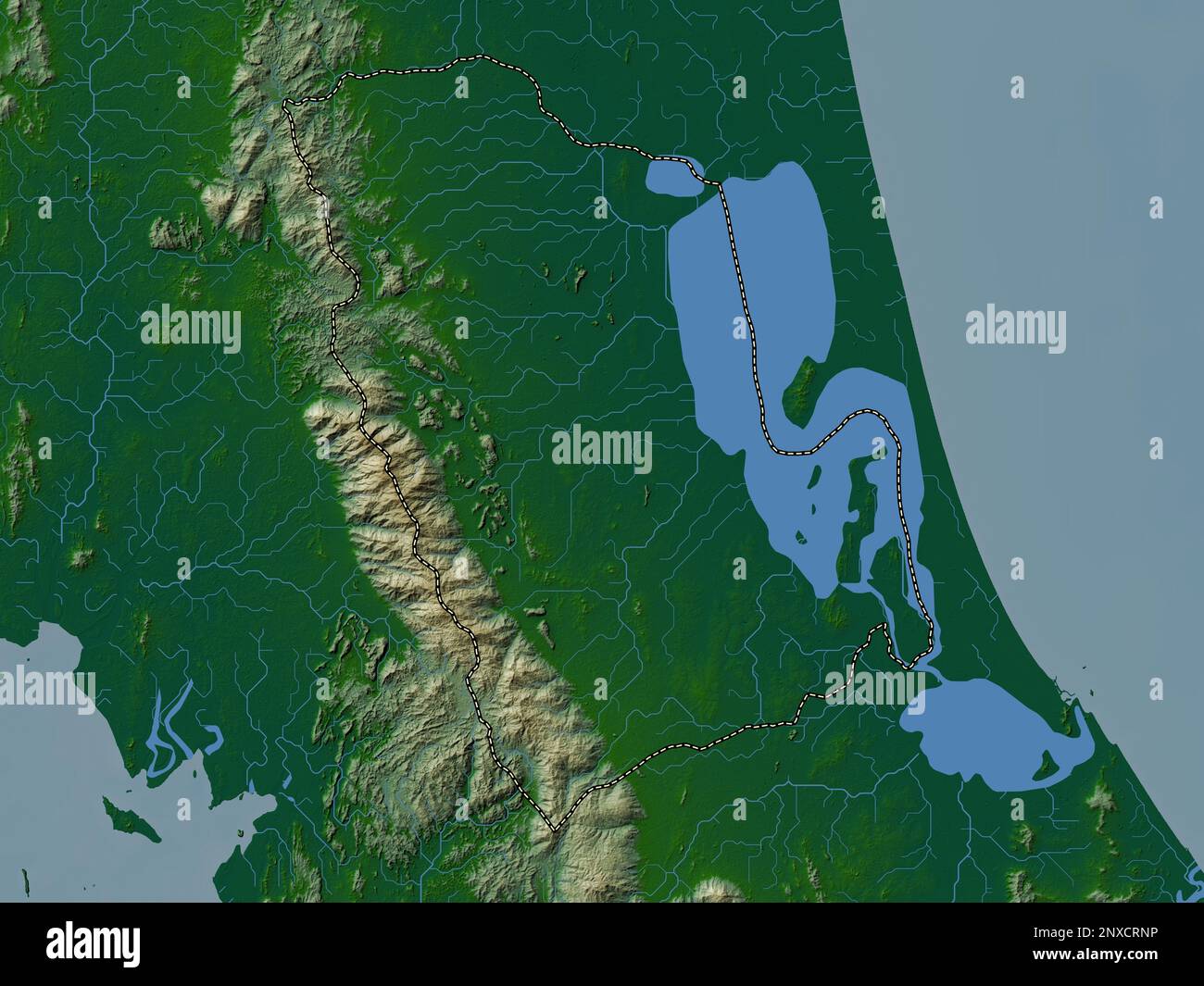 Phatthalung, province of Thailand. Colored elevation map with lakes and ...