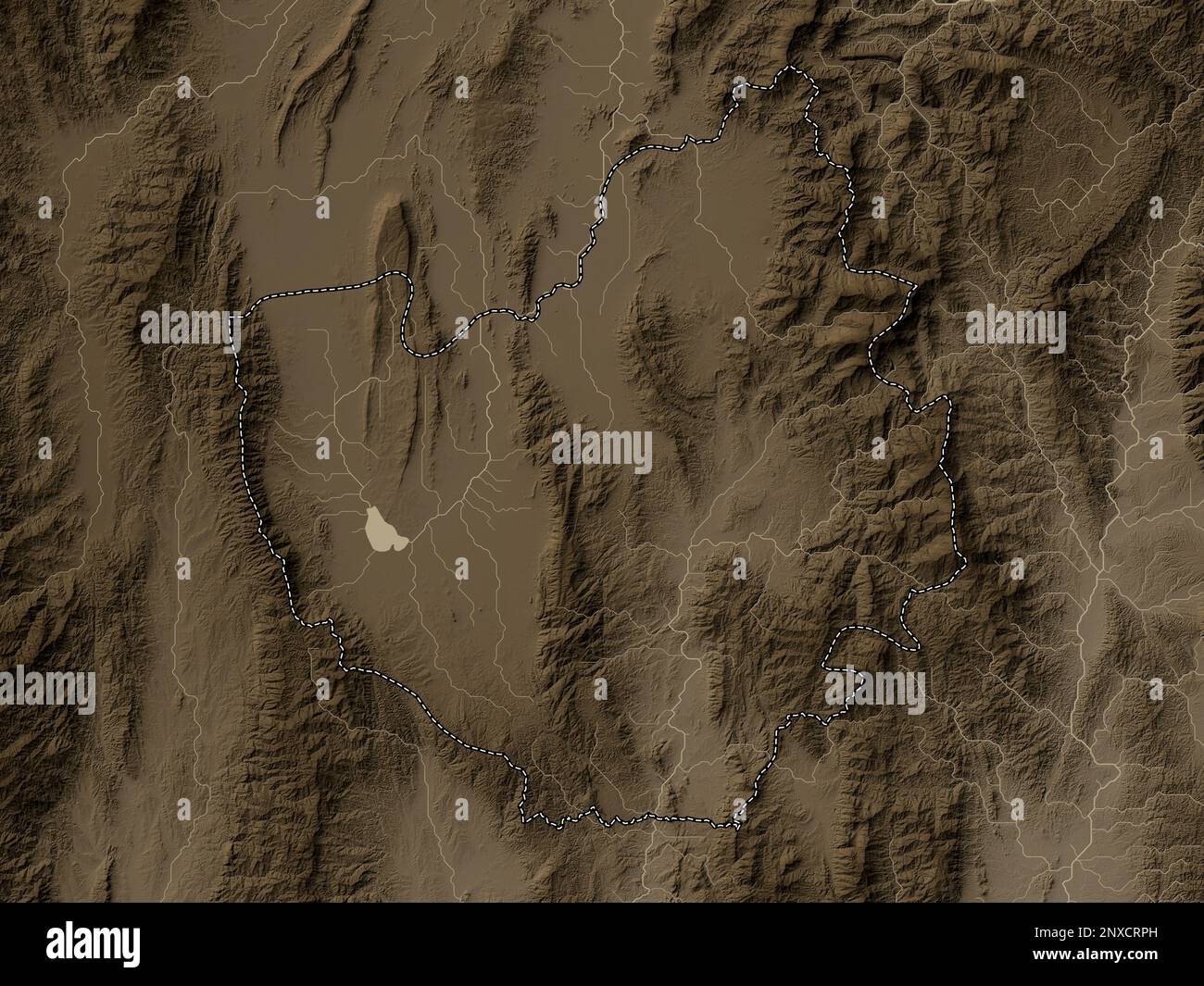 Phayao, province of Thailand. Elevation map colored in sepia tones with ...