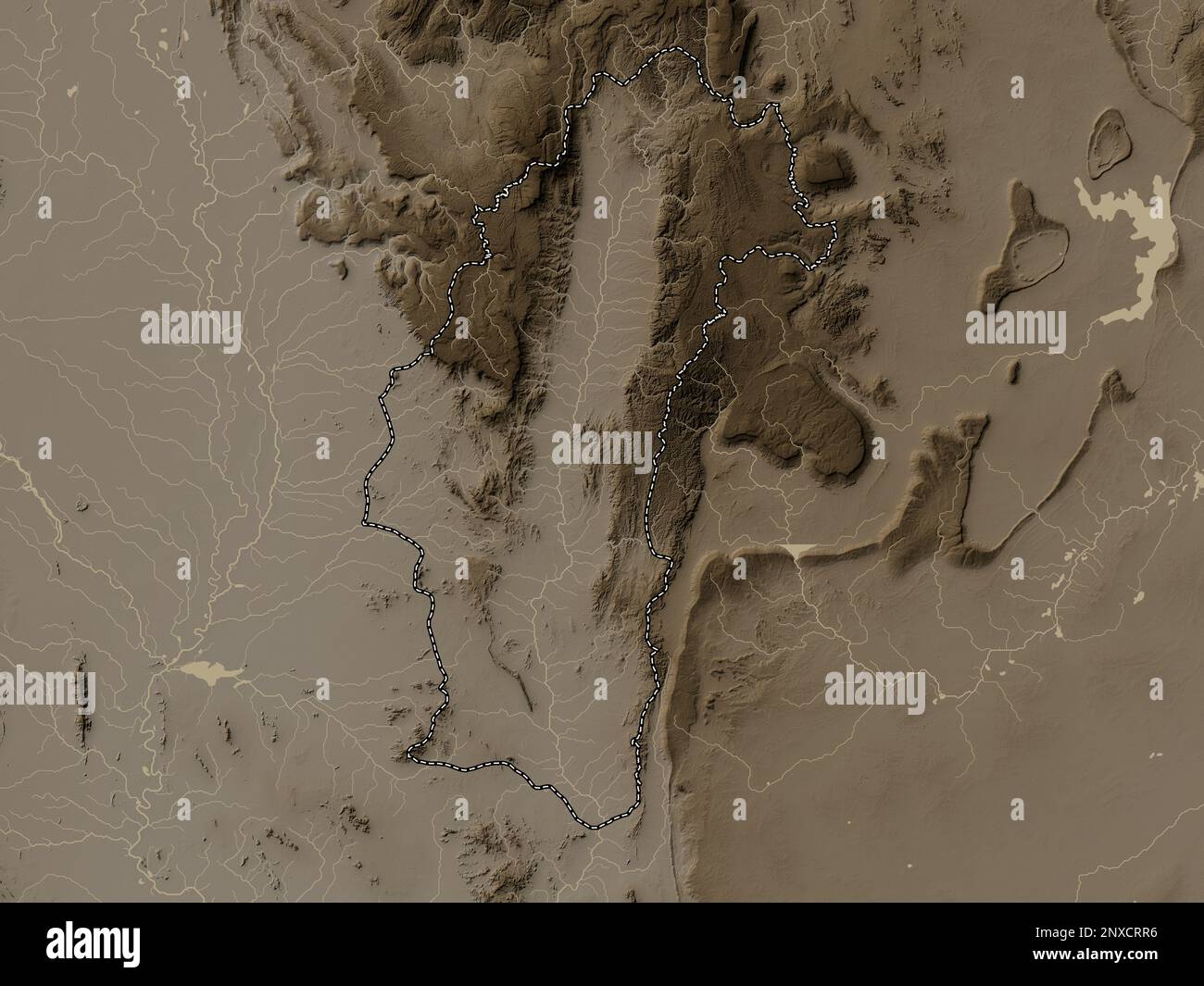 Phetchabun, province of Thailand. Elevation map colored in sepia tones ...