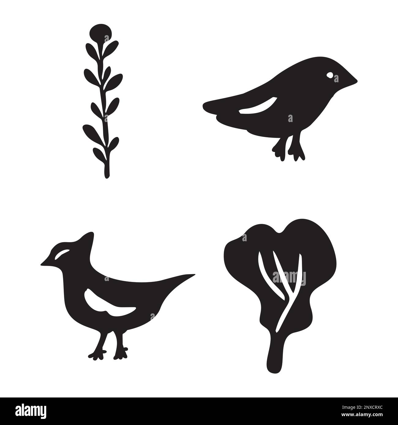 Set of bird and botanical vector motif. Collection of garden wildlife ...