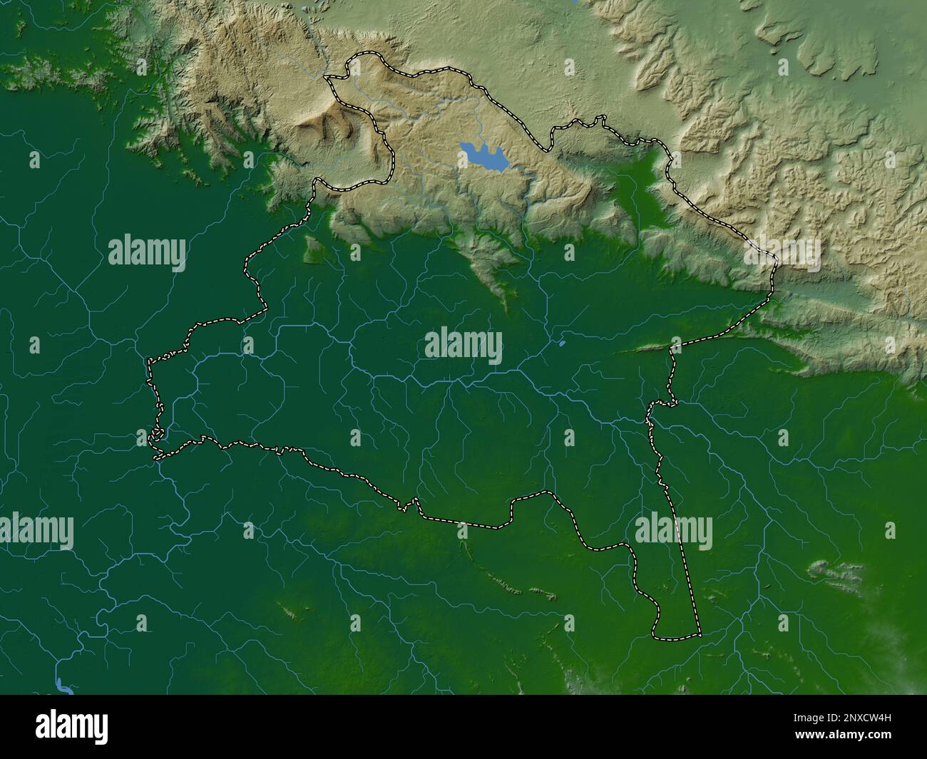 Prachin Buri, province of Thailand. Colored elevation map with lakes ...