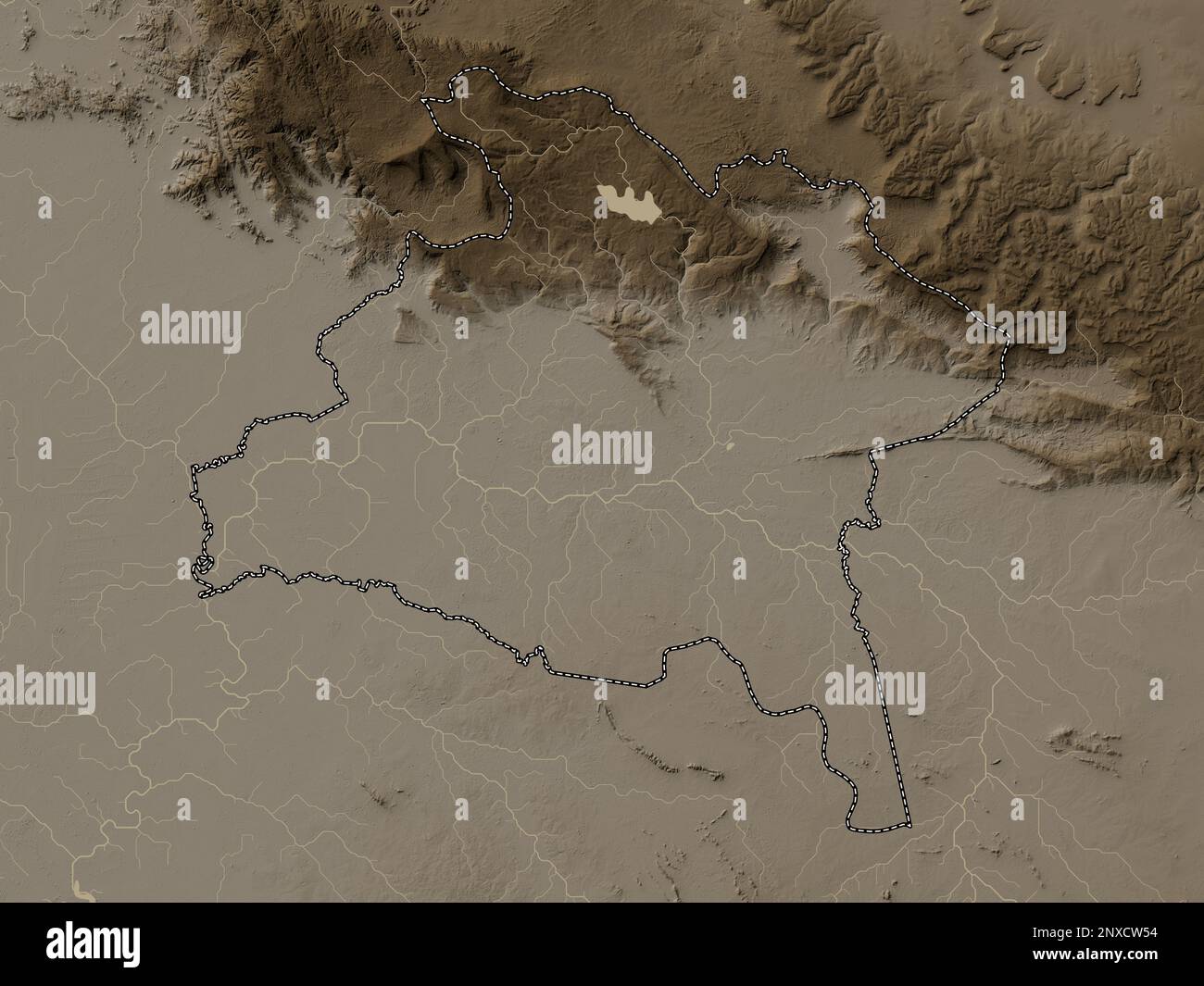 Prachin Buri, province of Thailand. Elevation map colored in sepia ...