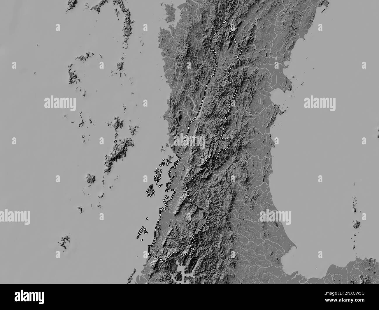 Ranong, province of Thailand. Bilevel elevation map with lakes and ...