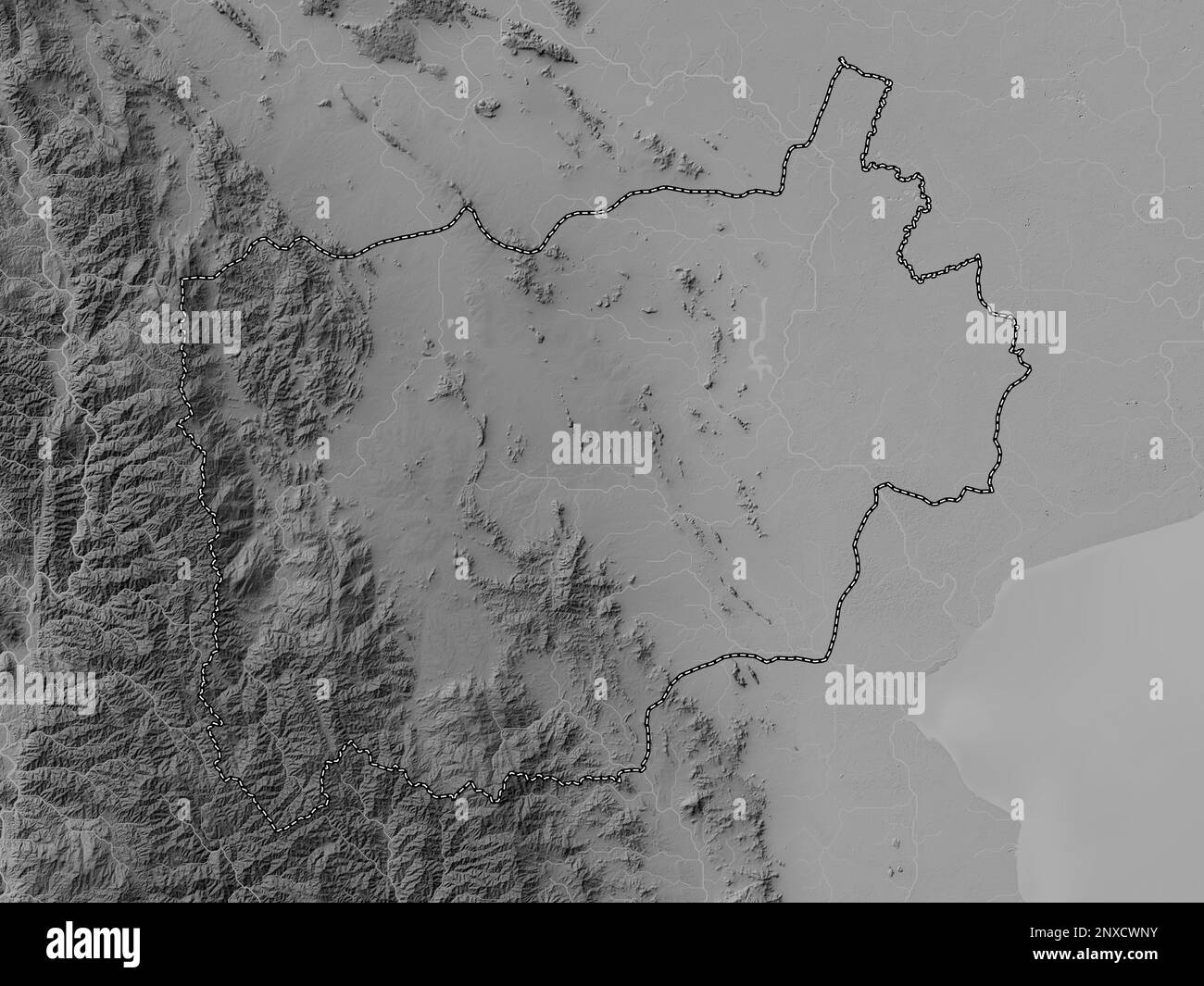 Ratchaburi, province of Thailand. Grayscale elevation map with lakes ...