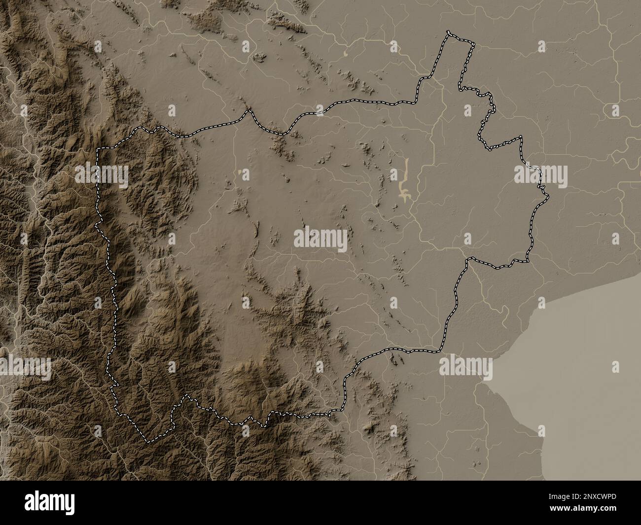 Ratchaburi, province of Thailand. Elevation map colored in sepia tones ...