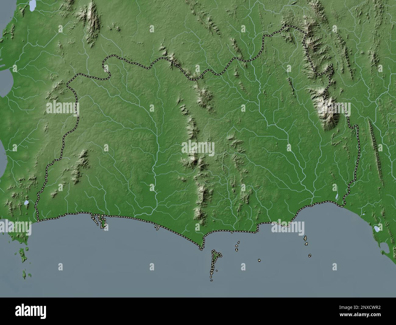 Rayong, province of Thailand. Elevation map colored in wiki style with ...