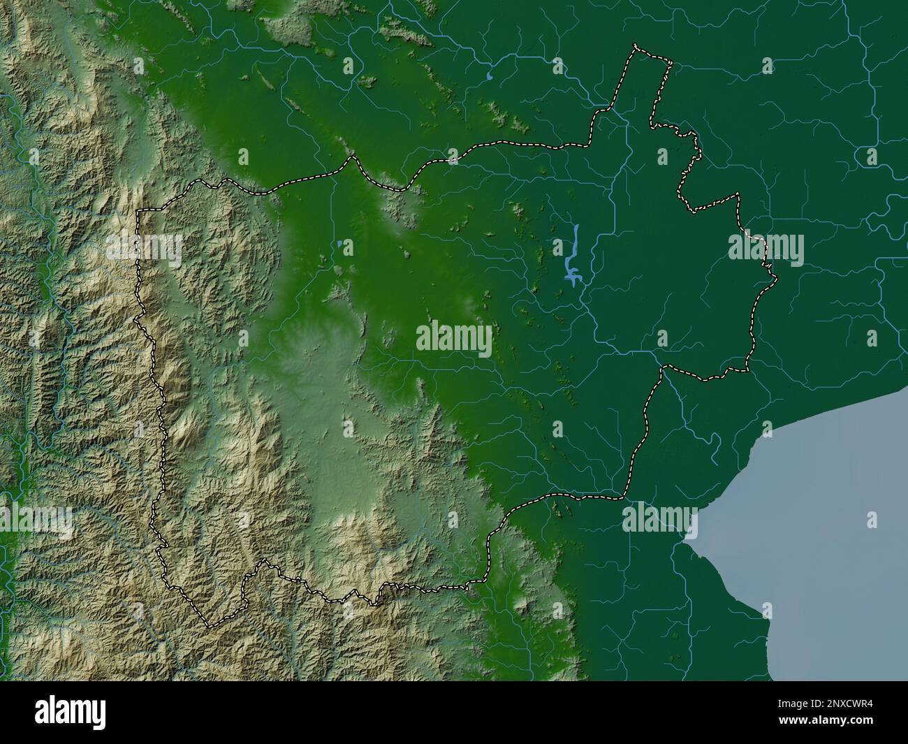 Ratchaburi, province of Thailand. Colored elevation map with lakes and ...