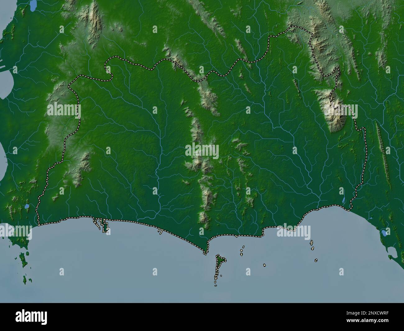 Rayong, province of Thailand. Colored elevation map with lakes and ...