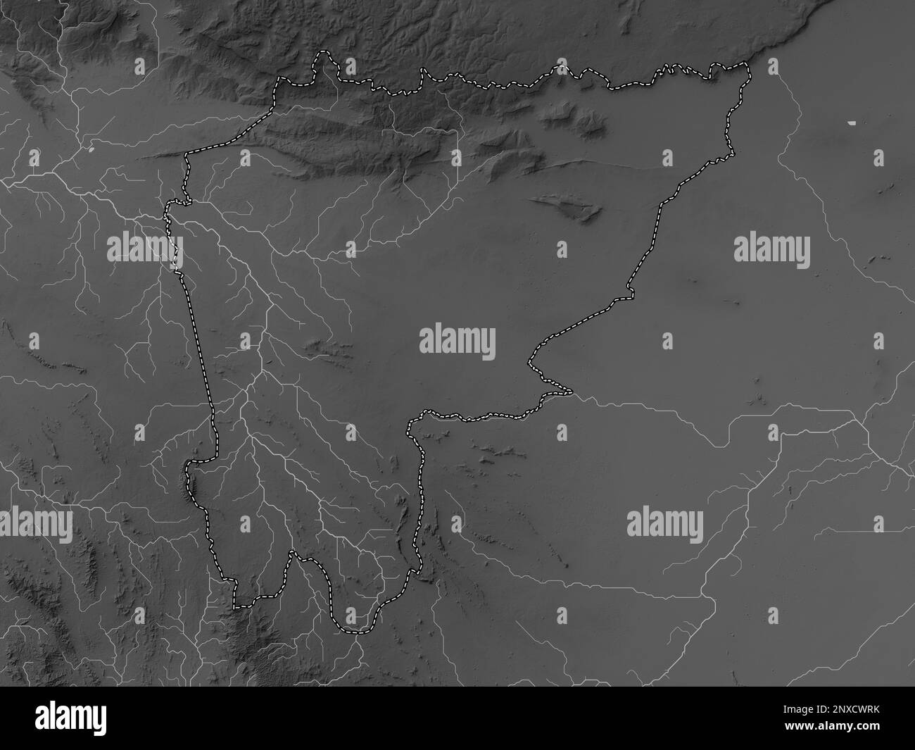 Sa Kaeo, province of Thailand. Grayscale elevation map with lakes and ...