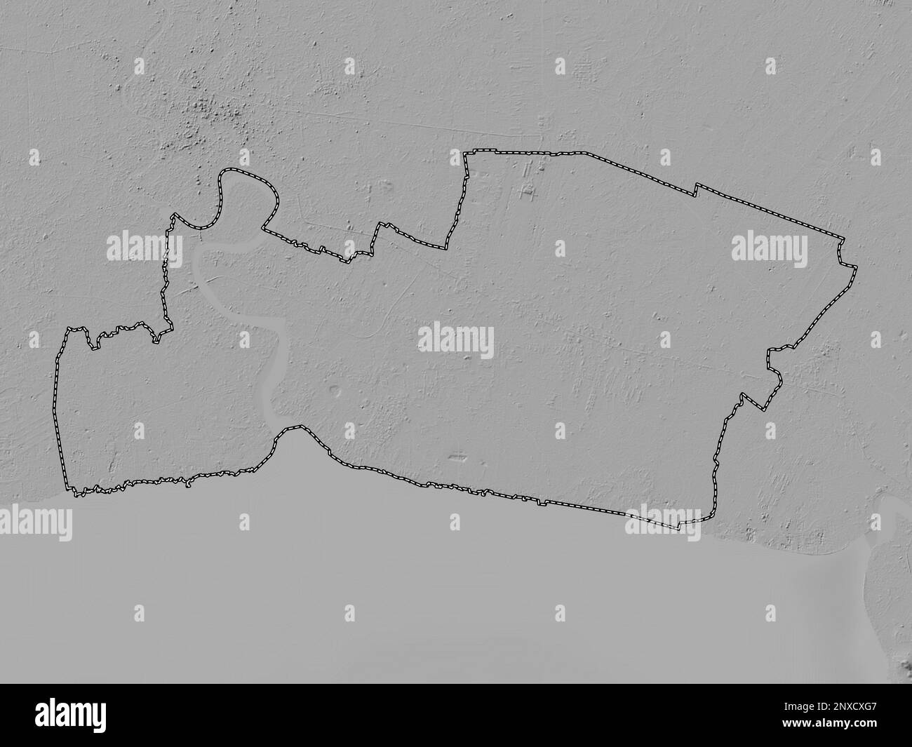 Samut Prakan, province of Thailand. Grayscale elevation map with lakes ...