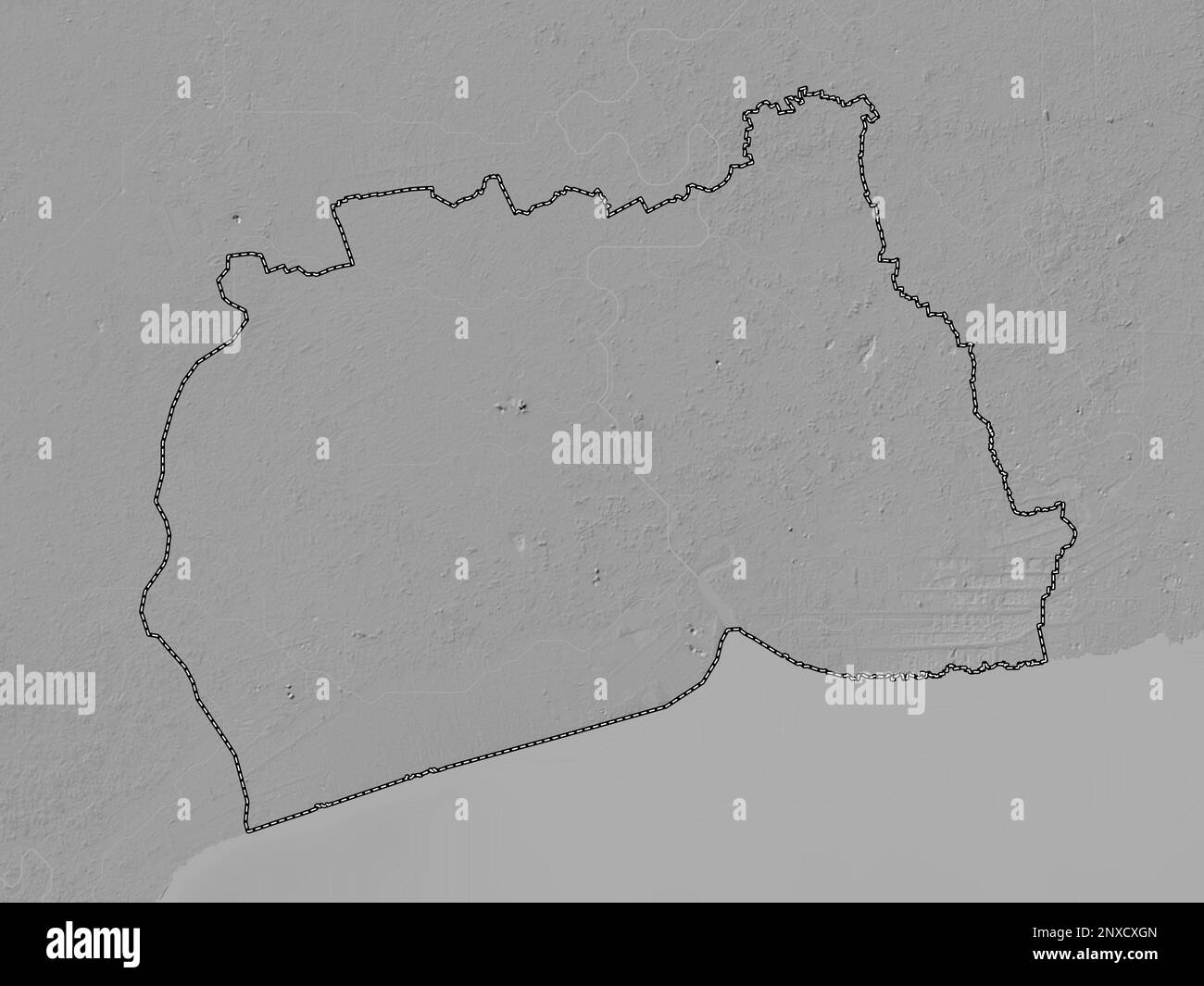 Samut Sakhon, province of Thailand. Grayscale elevation map with lakes ...