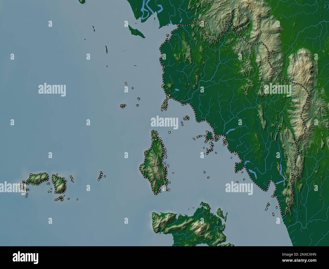 Satun, province of Thailand. Colored elevation map with lakes and ...