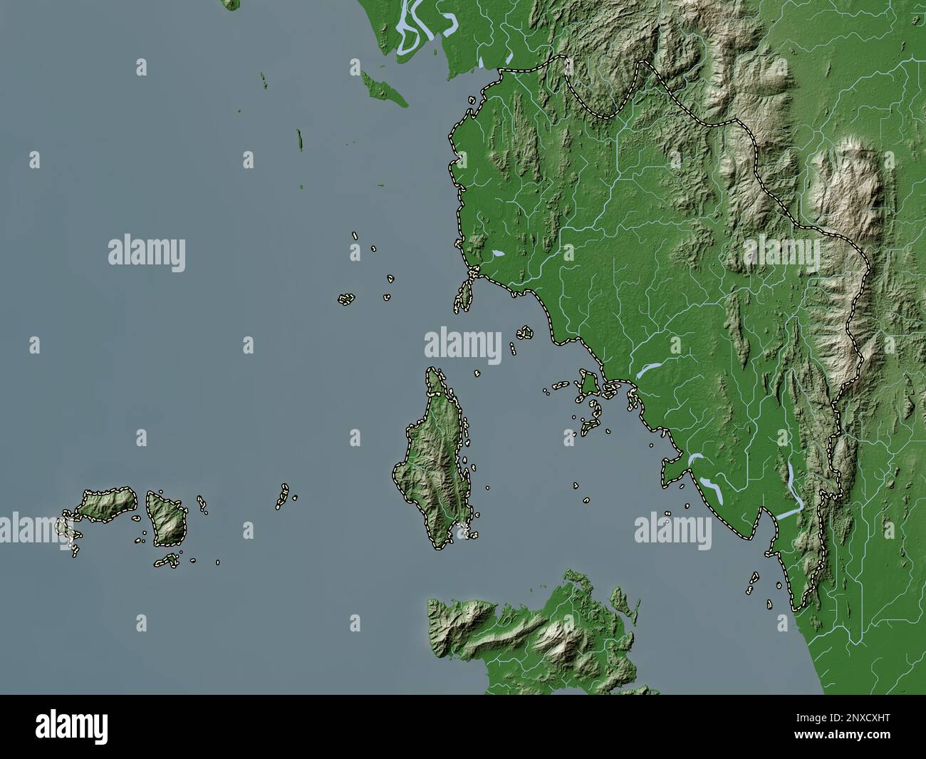 Satun, province of Thailand. Elevation map colored in wiki style with ...