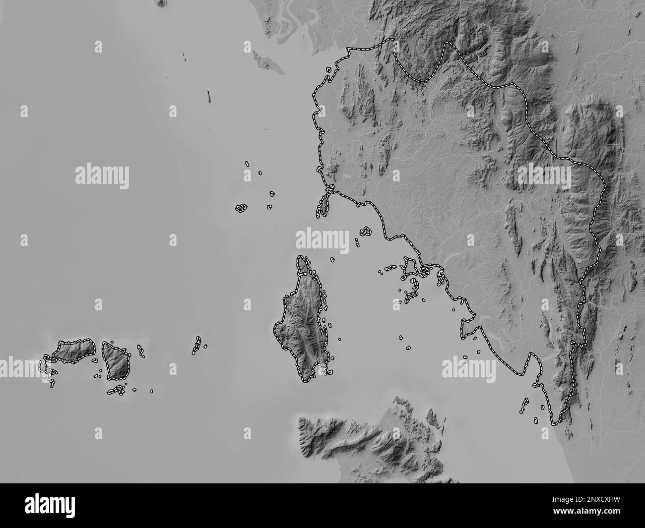Satun, province of Thailand. Grayscale elevation map with lakes and ...