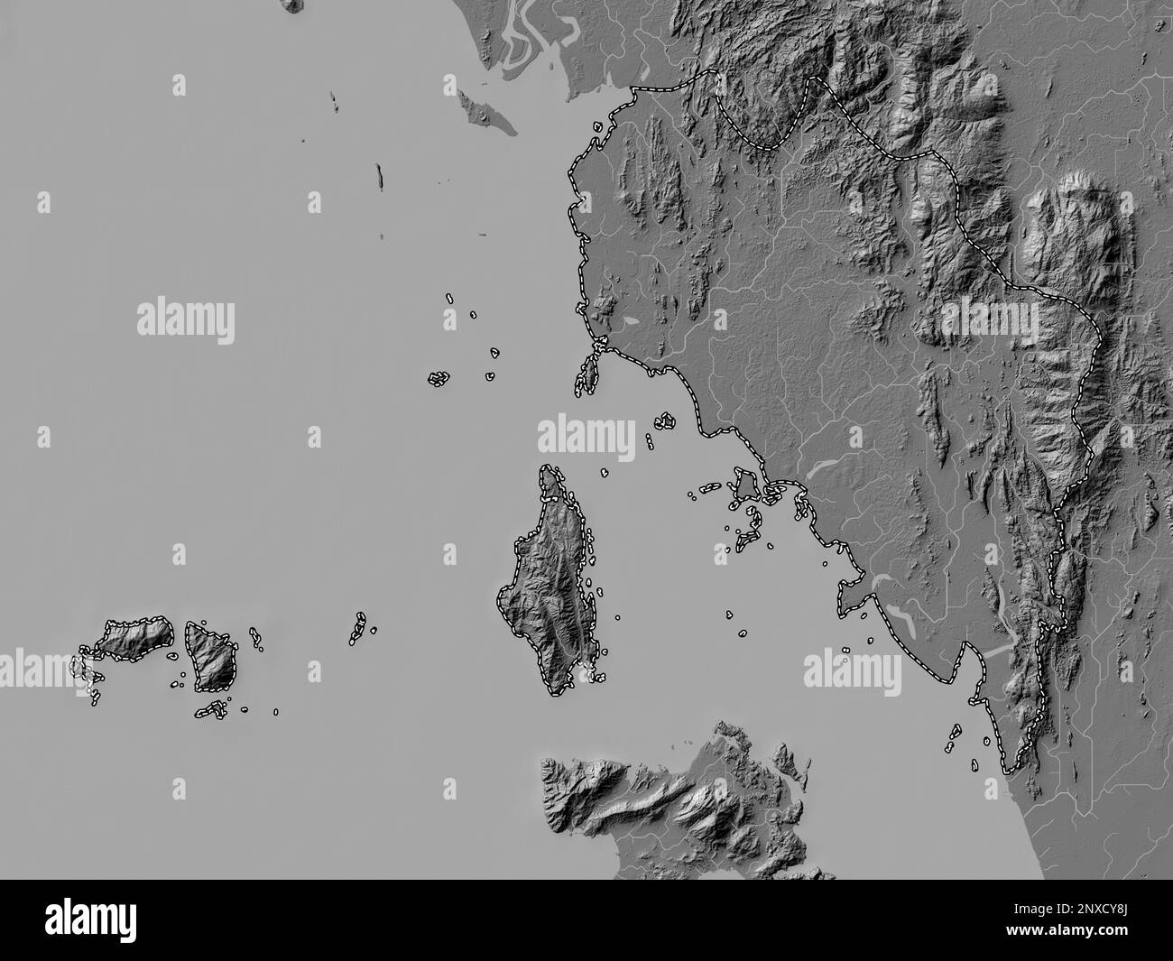 Satun, province of Thailand. Bilevel elevation map with lakes and ...