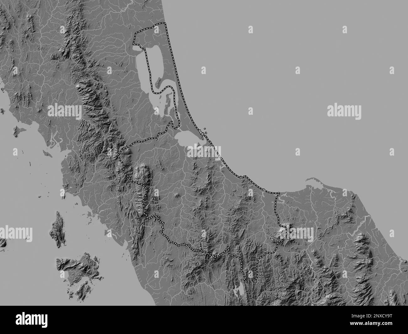 Songkhla, province of Thailand. Bilevel elevation map with lakes and ...