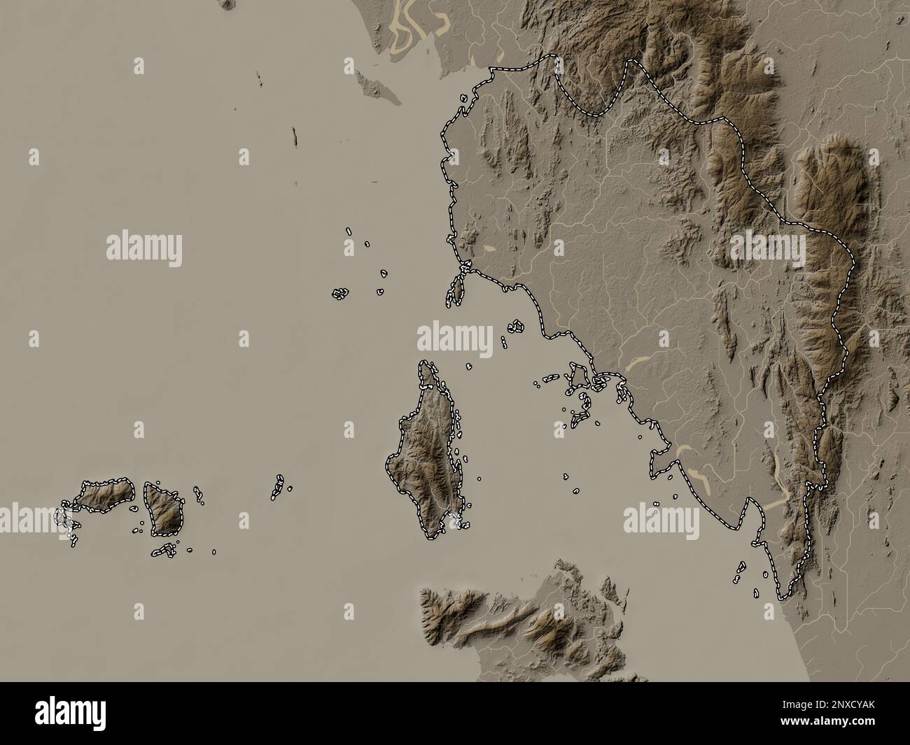 Satun, province of Thailand. Elevation map colored in sepia tones with ...