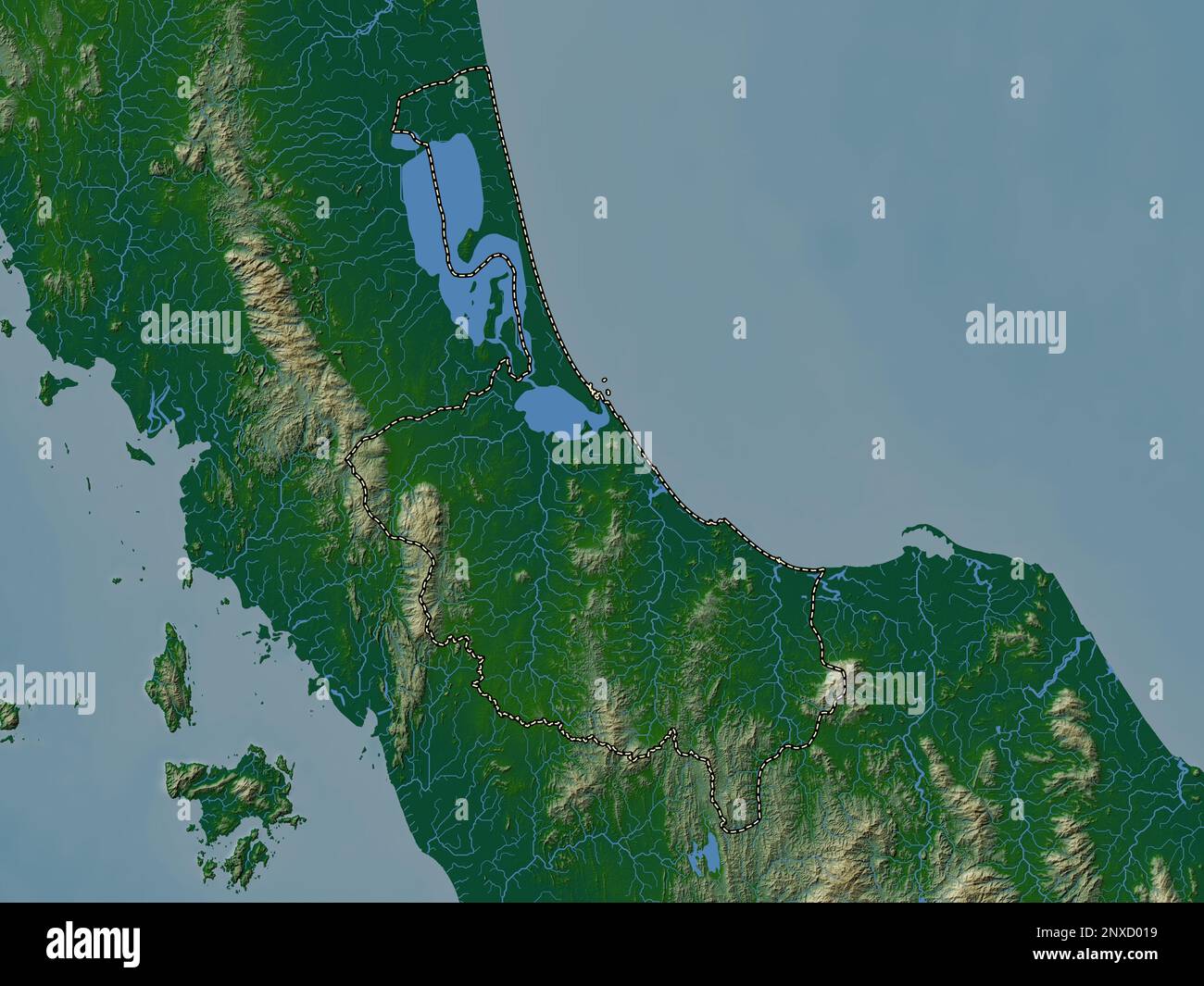 Songkhla, province of Thailand. Colored elevation map with lakes and ...