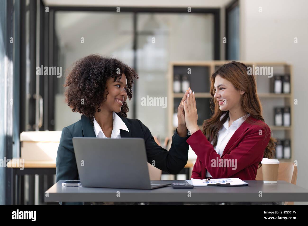 Happy smiling businessman feel happy work complete Teamwork success at ...