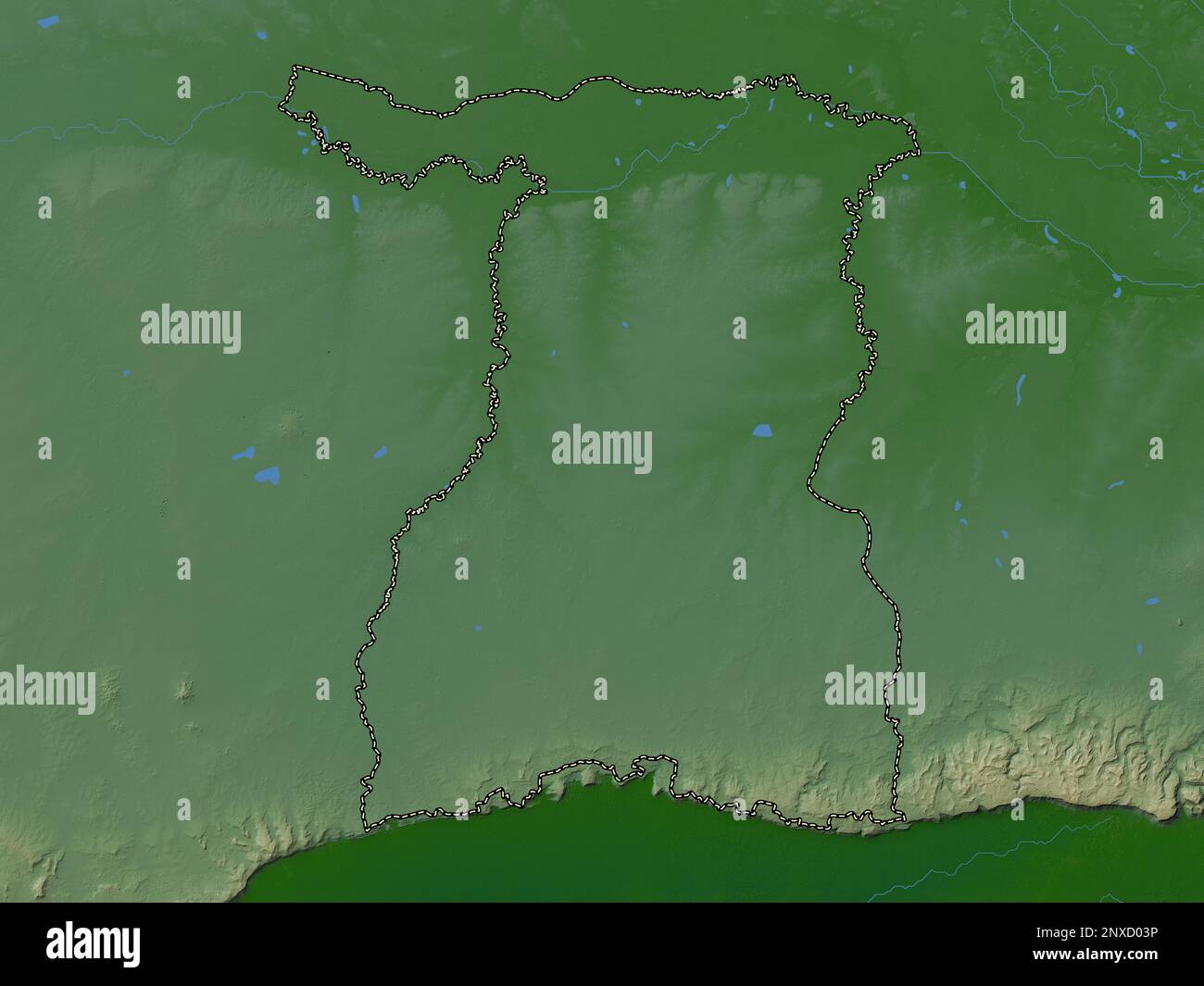 Surin, province of Thailand. Colored elevation map with lakes and ...