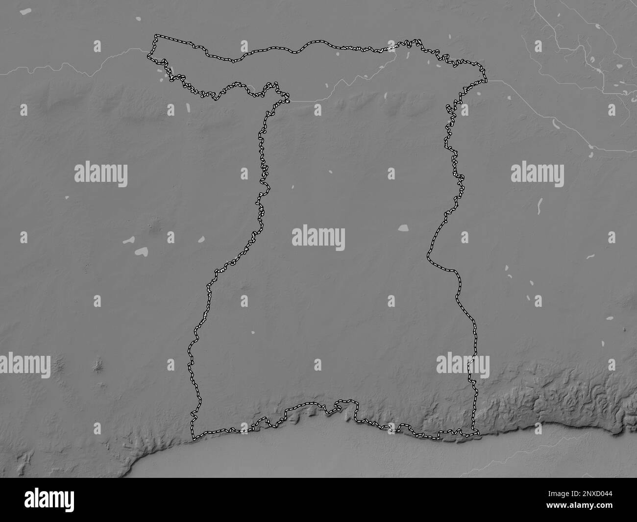 Surin, province of Thailand. Grayscale elevation map with lakes and ...