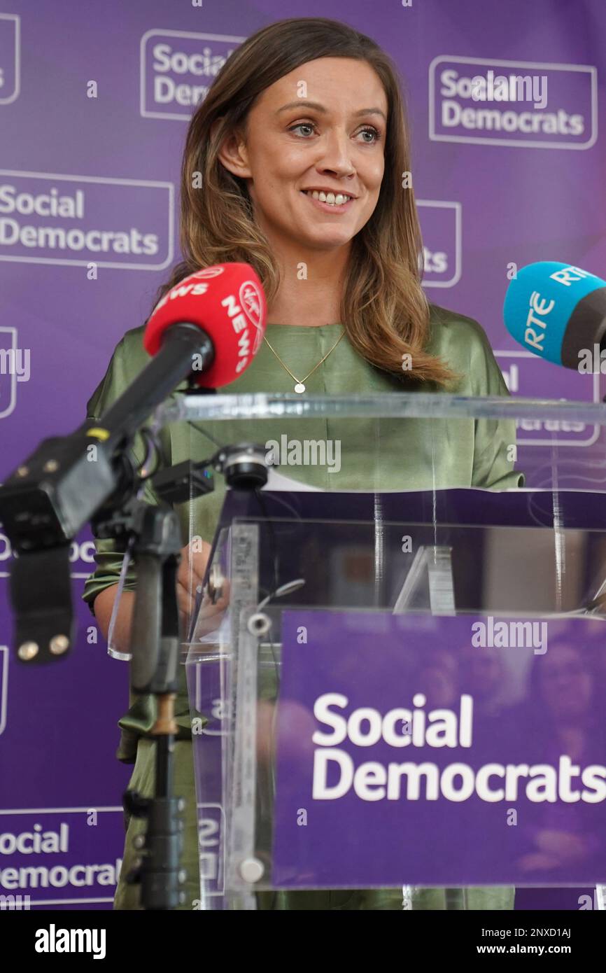TD Holly Cairns gives a speech at the Tara Building in Dublin, as she ...