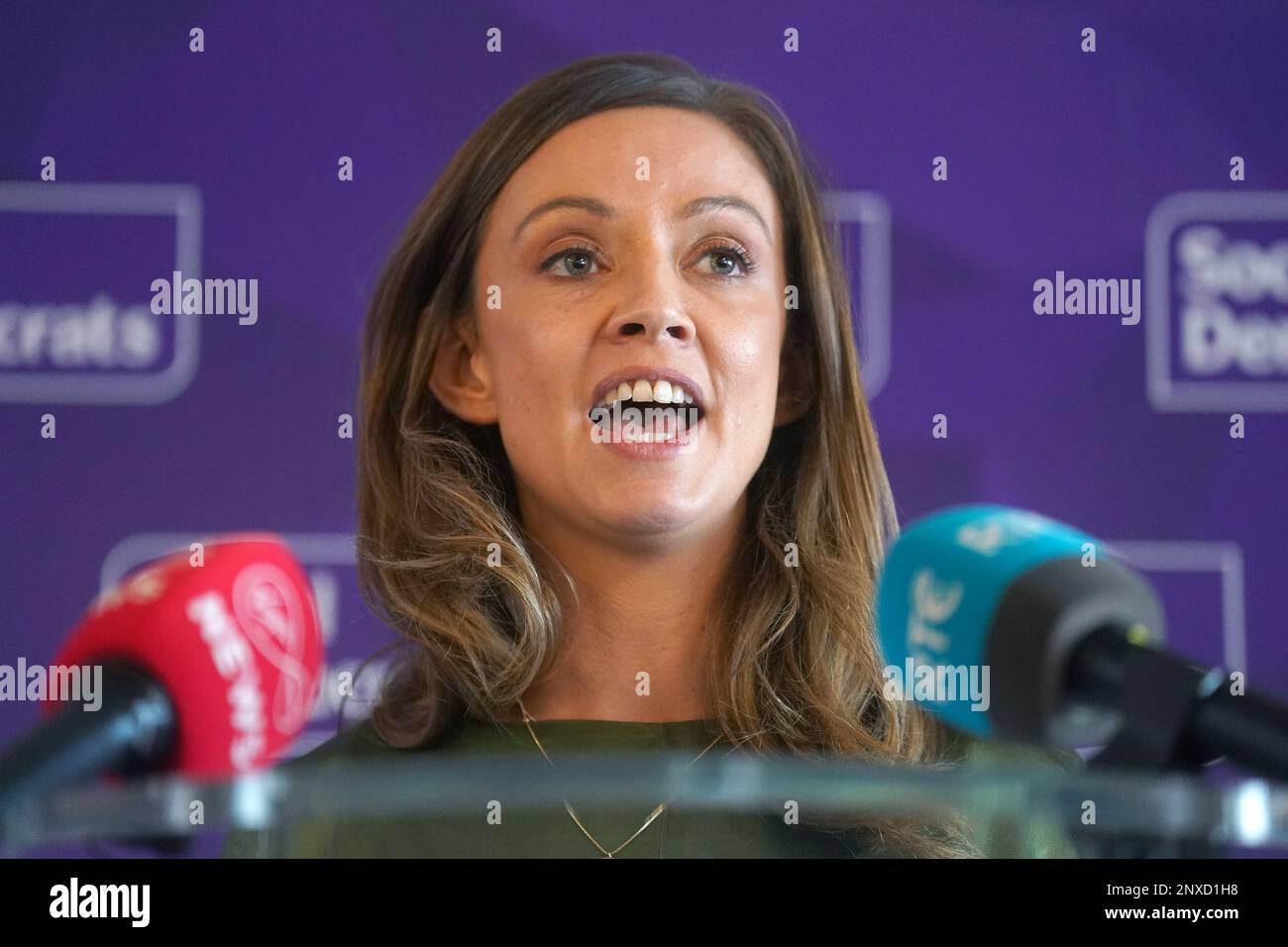 TD Holly Cairns gives a speech at the Tara Building in Dublin, as she ...