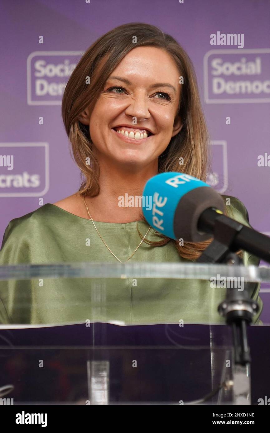 TD Holly Cairns gives a speech at the Tara Building in Dublin, as she ...