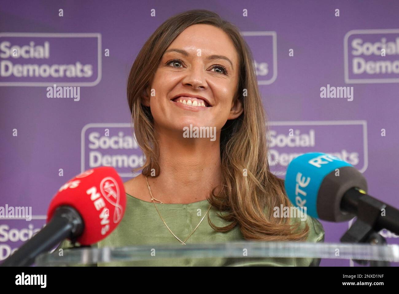TD Holly Cairns gives a speech at the Tara Building in Dublin, as she ...
