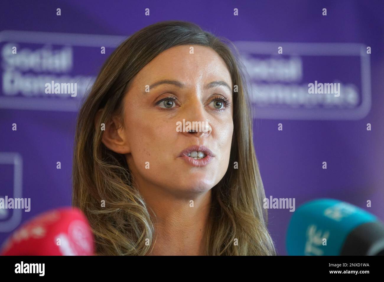 TD Holly Cairns gives a speech at the Tara Building in Dublin, as she ...