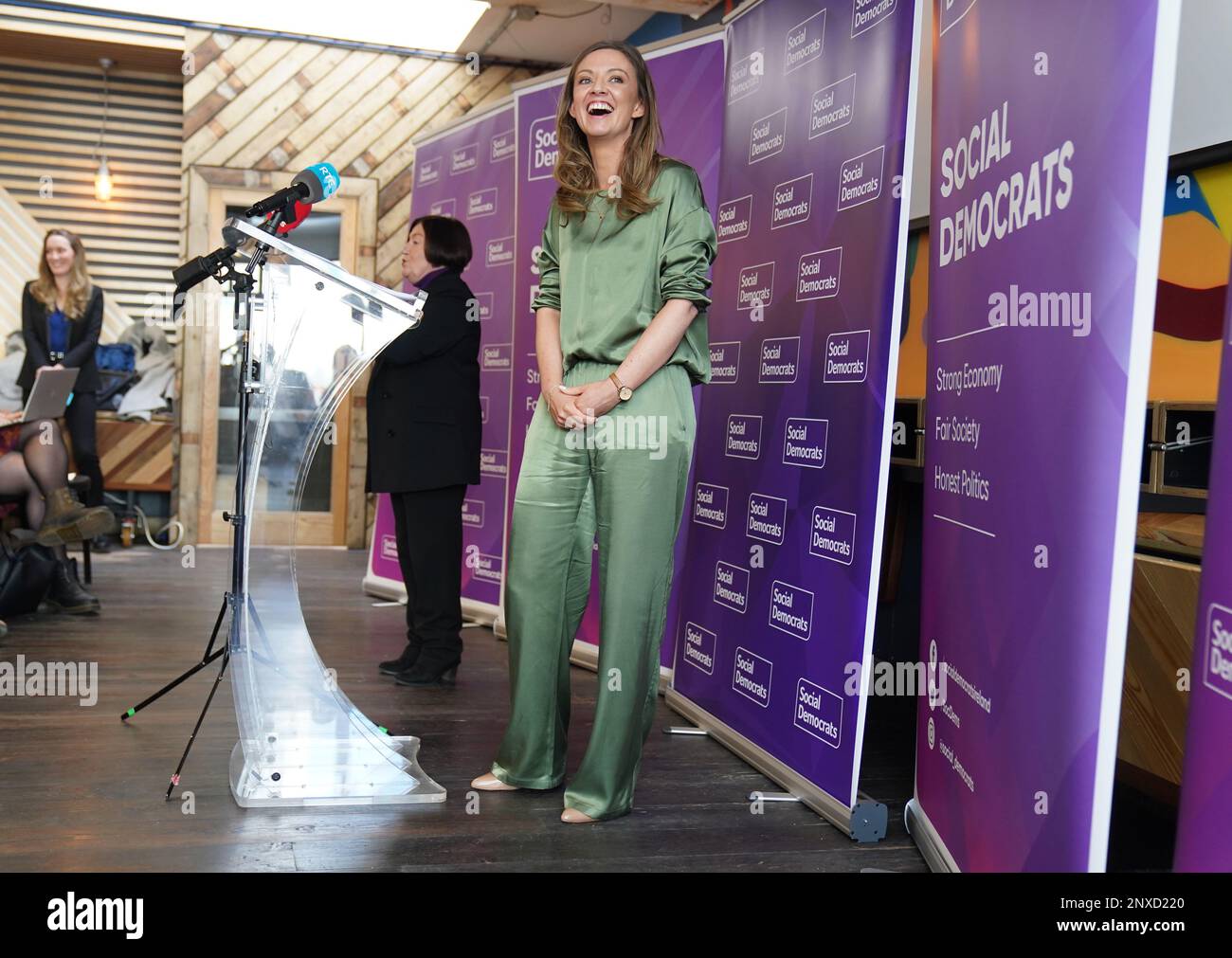 TD Holly Cairns gives a speech at the Tara Building in Dublin, as she ...